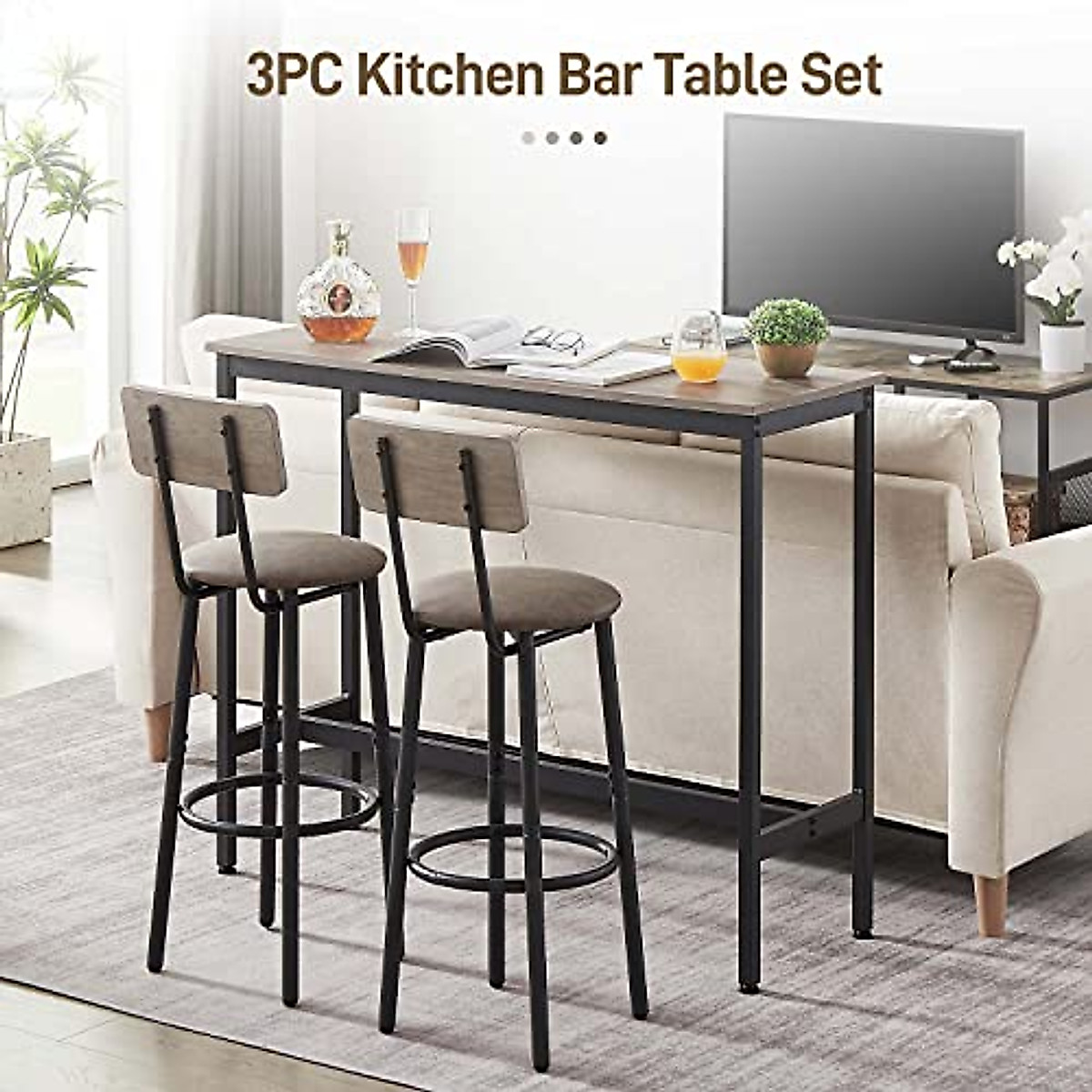 IINE'a 3 Piece Pub Dining Set,Bar Table and Chairs Set with Small Rectangle Bistro Table and 2 PU Upholstered Stools with Backrest, Counter Height Bar Table Set for Kitchen, Dining Room,Breakfast Nook