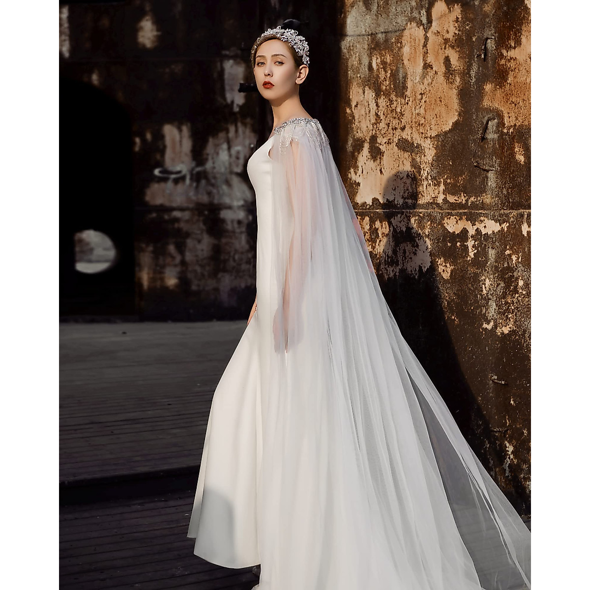 ULAPAN Rhinestone Wedding Capes Shawl Wrap Shrug Pearls Bridal Dress Jackets Flapper Bolero Cover Up (White) (Ivory)