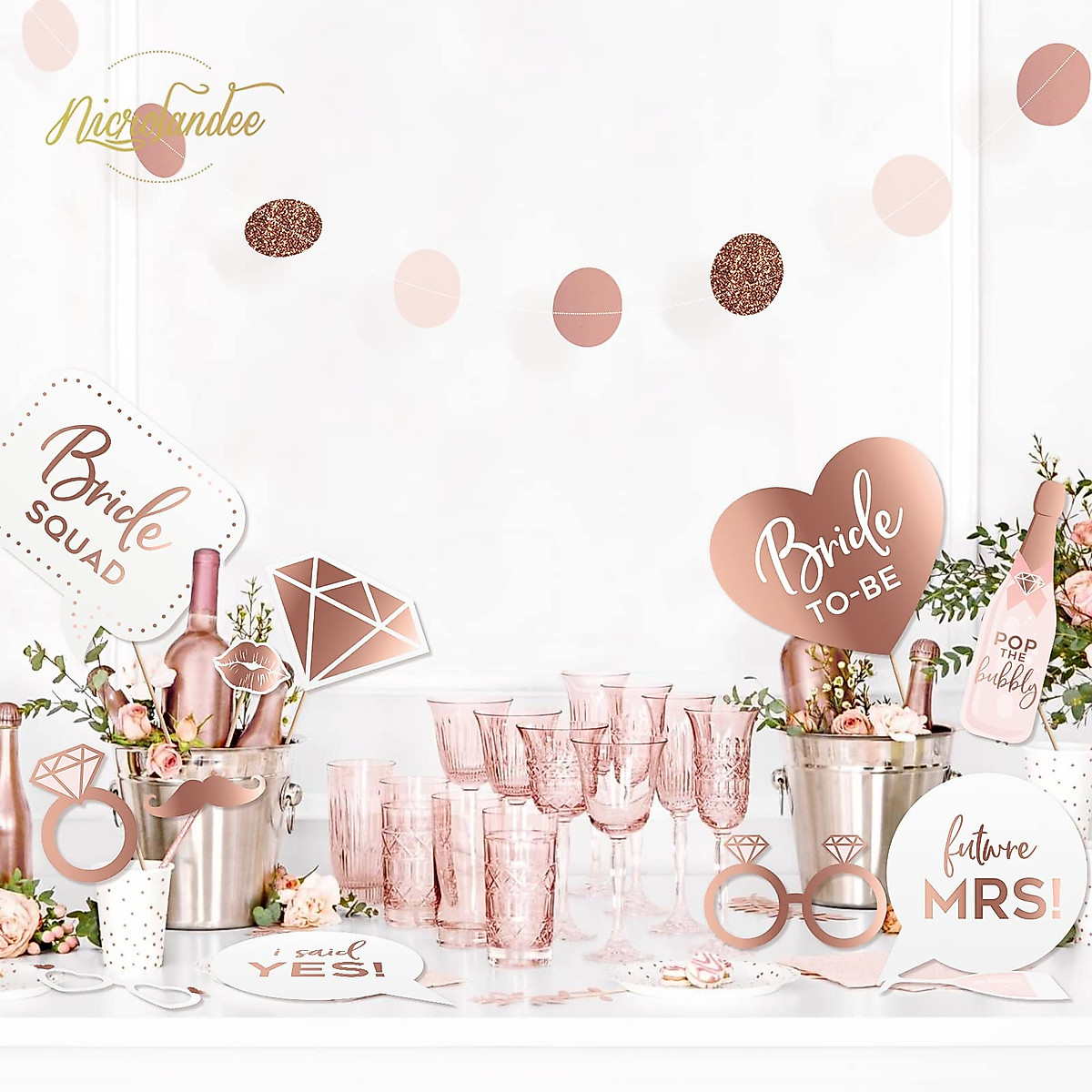 NICROLANDEE Wedding Photo Booth Props - 12 Pack Rose Gold Party Centerpiece Sticks Table Toppers for Bridal Shower, Bachelorette Party, Birthday, Engagement Pictures and Selfies for Bride to Be