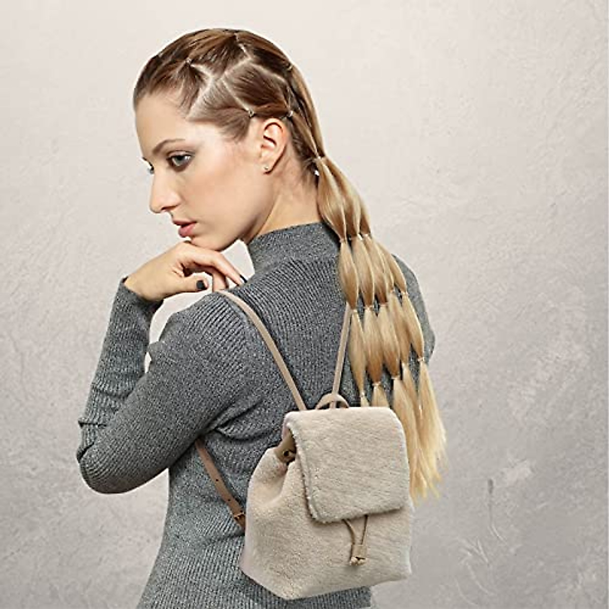 DQinLit Plush Backpack Purse Bag Small Soft Faux Fur Cute Furry Stylish Casual Handbags Off-White