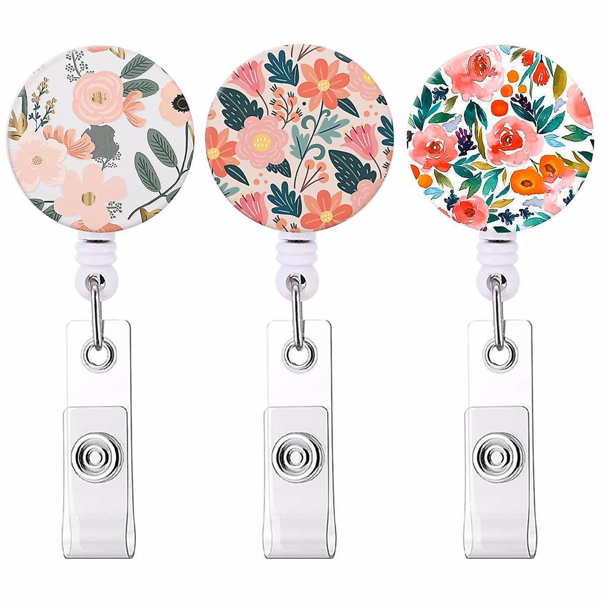 Badge Reel, Retractable Nurse Badge Holder with Alligator Clip ID Name Card Badge Clip for Office Student Doctor Nurse (3pack Pink Flower)