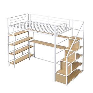 3 in 1 Design Full Size Loft Bed with Storage Staircase, Heavy Duty Metal Loft Bed Frame with Built-in Desk,3-Tier Storage Shelves and Guardrails for Bedroom Guest Room Apartment, Space Saving