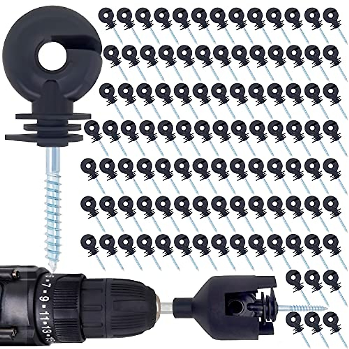 NQN 100 Pcs Black Electric Fence Insulator Screw-in Insulator Fence Ring Post Wood Post Insulator and 1 Pc Free Insulator Socket Tool (Grid System Accessories for Animal Husbandry Electronic)