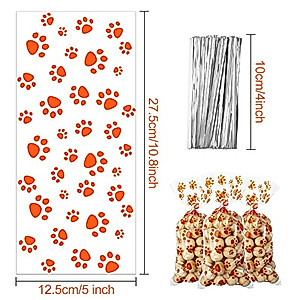 Blulu 200 Pieces Pet Paw Print Cone Cellophane Bags Heat Sealable Candy Bags Dog Paw Gift Bags Cat Treat Bags with 200 Pieces Silver Twist Ties for Pet Treat Party Favor (Orange)
