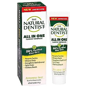 The Natural Dentist All In One Fluoride Toothpaste, 20% Purified Aloe Vera, Prevents Cavities, Whitens Teeth, Strengthens Tooth Enamel, Removes Plaque, Freshens Breath, Peppermint Twist, 5oz Tube