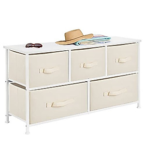 mDesign 21.65" High Steel Frame/Wood Top Storage Dresser Furniture Unit with 5 Removable Fabric Drawers - Wide Bureau Organizer for Bedroom, Living Room, Closet - Jane Collection, Cream/White