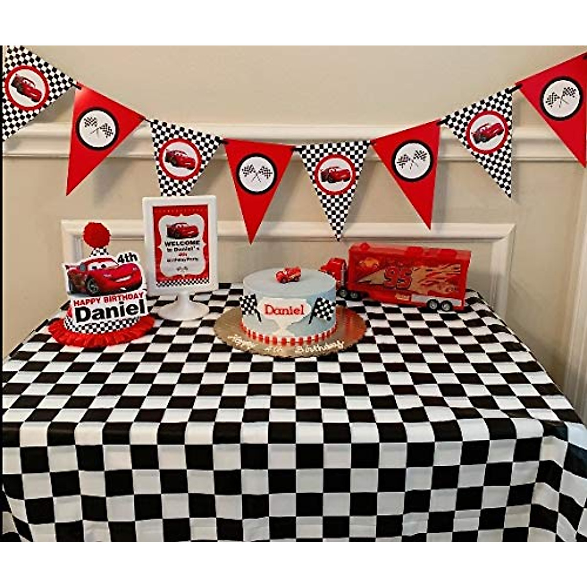 Oojami Pack of 4 Black & White Checkered Flag Table Cover Party Favor Checkered Tablecloth Disposable Checkered Racing Table Cover (54" x 108" Rectangle)