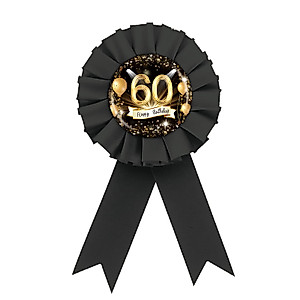 Black Happy 60th Birthday Tinplate Badge Pin, Black Rosette Birthday Button for Men Women, Golden Balloon 60th Birthday Award Badge Pin, Sixty Years Old Birthday Party Decorations