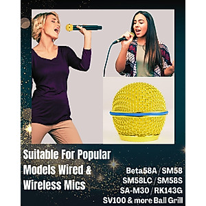 RhymKawa Gold Microphone Cover for Shuer SM58, SM58LC, Beta58, Beta58A, SA-M30, SV100, RK143G Windscreen Replacement, 2 Pack