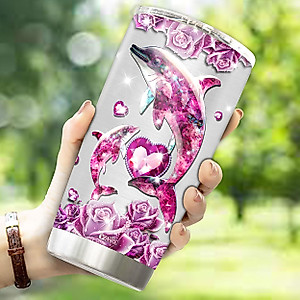 WONWIX Personalized Dolphins Tumbler Coffee Mug Gifts For Her Mom Adults Dolphin Jewelry For Women Birthday Christmas Valentine Mothers Day 20oz Stainless Steel Thermos Tumblers With Lids