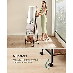 SONGMICS 6 LEDs Lockable Mirror Jewelry Cabinet,Organizer, Standing Jewelry Armoire with 4 Wheels, Mirror with Jewelry Storage, Coat Rack, Shelf, Rustic Brown and Black UJJC005X01