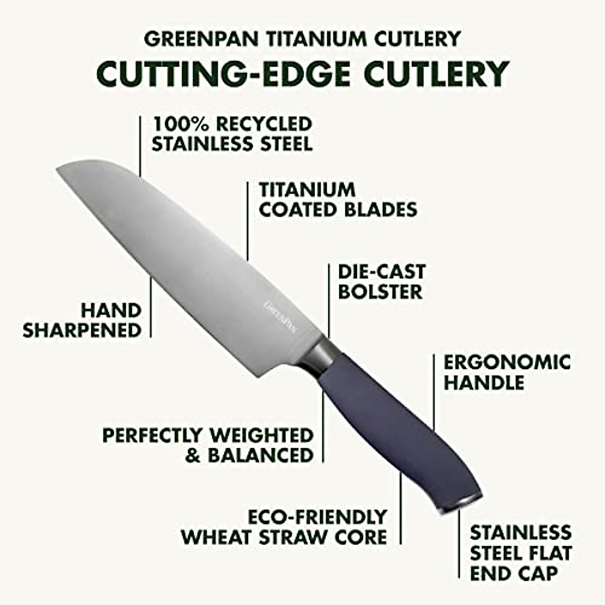 GreenPan Titanium 7" Santoku Knife, Titanium Coated, Stainless Steel, Eco-friendly, Ergonomic Grip, Slip Resistant, Balanced, Heat Treated, Hand Sharpened, Dishwasher Safe