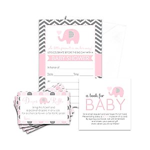 Paper Clever Party Pink Elephant Baby Shower Invitation Bundle Includes Blank Invites with Envelopes for Girls, Diaper Raffle Insert Bring a Book Cards Set (25 of Each) Jungle Theme Princess