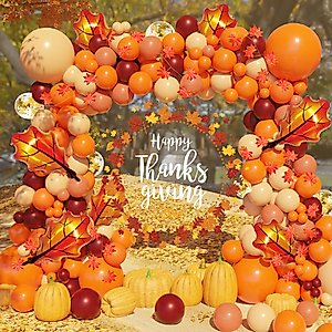Thanksgiving Balloon Arch Kit,167PCS Fall Balloon Arch Kit, Orange Burgundy Rose Gold Confetti Balloons with Artificial Maple Leaves for Thanksgiving Decorations Autumn Party Baby Shower Decorations