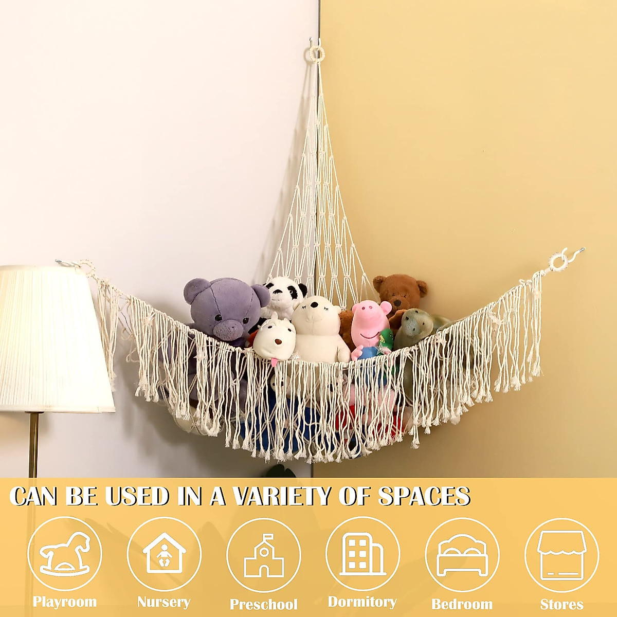 63" x 63" x 51.2" Boho Stuffed Animal Toy Hammock Macrame Large Corner Mesh Toy Storage Hanging Wall Toys Organizer with Light for Bedroom Decor