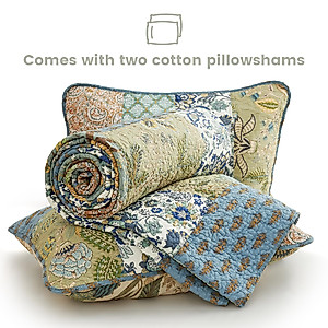 Secgo King Size Comforter Set- 100% Cotton Quilt King Size Set, Green, Sage bedspreads (96 * 108 Inch) with 2 Pillow Shams, Patchwork Reversible Lightweight Bedding