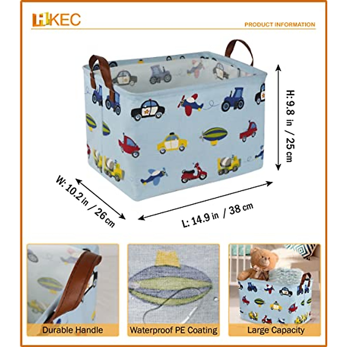 HKEC Rectangle Kids Toys Storage Baskets with Handles, Collapsible Car Storage Box for Playroom,Waterproof Cute Books Organization,Shelf Baskets,Baby Basket(Car)