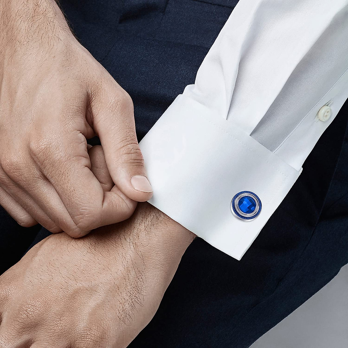 Crystal Cufflinks and Studs Sets for Men's Tuxedo Shirts with Gift Box - One Pair Cufflinks with 6 pcs Studs - Blue