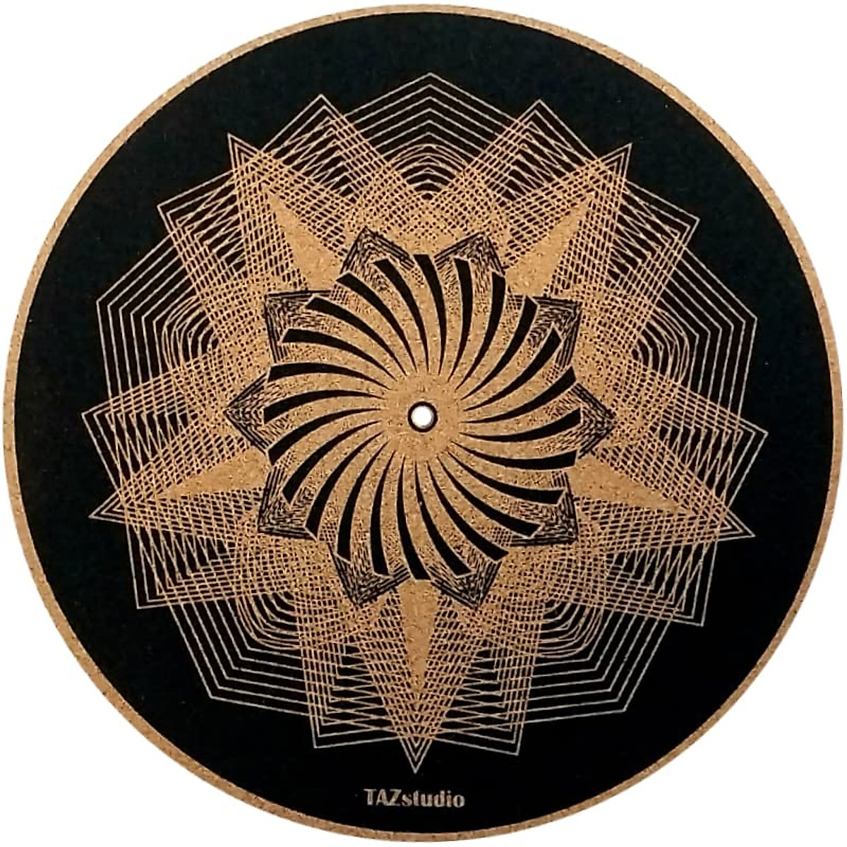 Cork Turntable Mat for Better Sound Support on Vinyl LP Record Player - Original Geometric Design- Dark light Cork slipmat [3mm Thickness]- m5