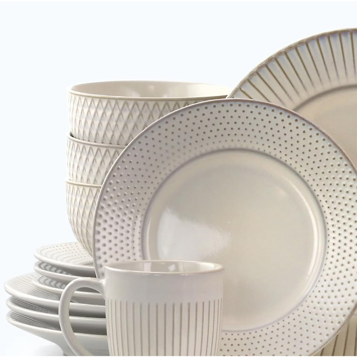 IHIPPO Dinnerware Sets Round Stoneware Luxurious Mellow Dinnerware Dish Set 16 Piece Round Stoneware Dinnerware Set in Embossed White Dinnerware Dish Set Kitchen Plates Dishwasher and Microwave Safe
