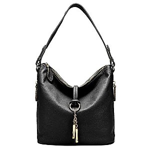 Fashion Designer Women Shoulder Bag Metal Tassel Real Leather Tote Handbag Ladies Crossbody (Black)