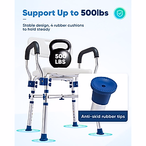 Zler Shower Chair with Arms and Back 500lbs, Heavy Duty Shower Seat for Inside Shower, Medical Adjustable Bath Seat for Bathtub, Anti-Slip Shower Stool for Elderly Handicap & Bariatric