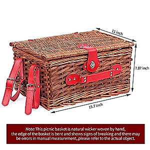 Wicker Picnic Basket Set for 4 Persons with Large Insulated Cooler Bag and Waterproof Picnic Blanket, Willow Picnic Hamper for Family, Outdoor, Camping, Party(Red)