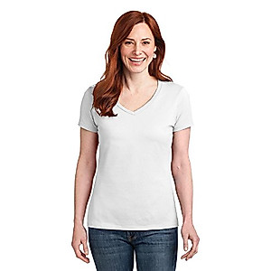 Hanes Womens 4.5 Oz., 100% Ringspun Cotton Nano-T V-Neck T-Shirt (S04V)- White,Large