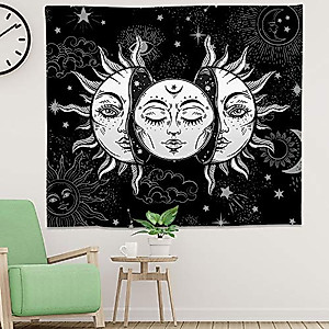 Instruban Sun and Moon Tapestry Black and White Tapestry Burning Sun God with Stars Wall Tapestry Psychedelic Tapestry for Bedroom Aesthetic - 51.2x59.1 Inches