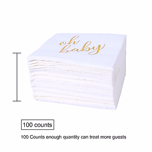 100 Pcs "Oh Baby" White Napkins - 3-Ply White and Gold Cocktail Napkins Baby Shower Party Supplies - Eco-friendly Party Napkins for Dessert Beverage & Table Decorations