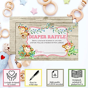 Amanda Creation Watercolor Jungle Monkeys Diaper Raffle Tickets for Baby Girl Showers, 20 2" X 3” Double Sided Insert Cards for Games, Bring a Pack of Diapers to Win Favors & Prizes!