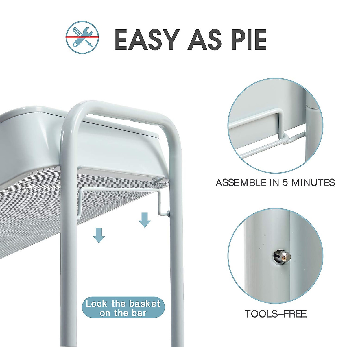 TOOLF 3-Tier Rolling Cart, Easy Assembly Metal Utility Cart with Lockable Wheels, Storage Craft Art Cart Trolley Organizer Serving Cart for Office, Bathroom, Kitchen, Kids' Room, Green