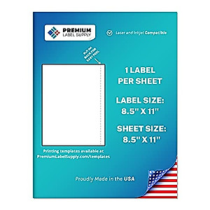Premium Label Supply White Sticker Full Sheet Shipping Labels – 8.5" x 11" – Laser/Inkjet Compatible – (1 Label/Sheet), 100 Sheets - Letter Size
