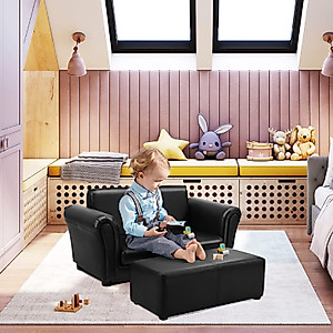 HONEY JOY Kids Sofa, 2 Seat Toddler Couch Lounge Bed with Ottoman, Sturdy Wood Construction, Children PU Leather Upholstered Loveseat Armrest Chair for Bedroom Living Room, Double Seat w/Stool (Black)
