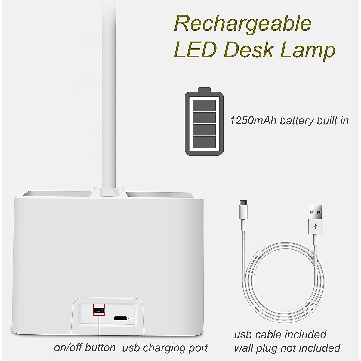 LED Desk Lamp with Pen & Phone holder, USB Rechargeable Book Reading Light,Eye-Caring Study Lamp for Kids, Touch Table Lamp with Flexible Gooseneck for Home,Office,3 Color Modes & Stepless Dimming