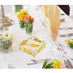 Flat Napkin Holder for Table Gold With Weight Arm for Kitchen Courtertops Dinning Table Grape Leaf Modern Tissue Dispenser Stainless Steel Gilding (7" L X 7" W X 2.5" H)