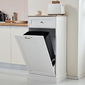 Spurgehom 13 Gallons Tilt Out Trash Cabinet Kitchen Waste Bins Free Standing Laundry Hamper Recycling Cabinet Trash Can Holder with Hideaway Drawer Pet Proof Trash Can for Living Room, White