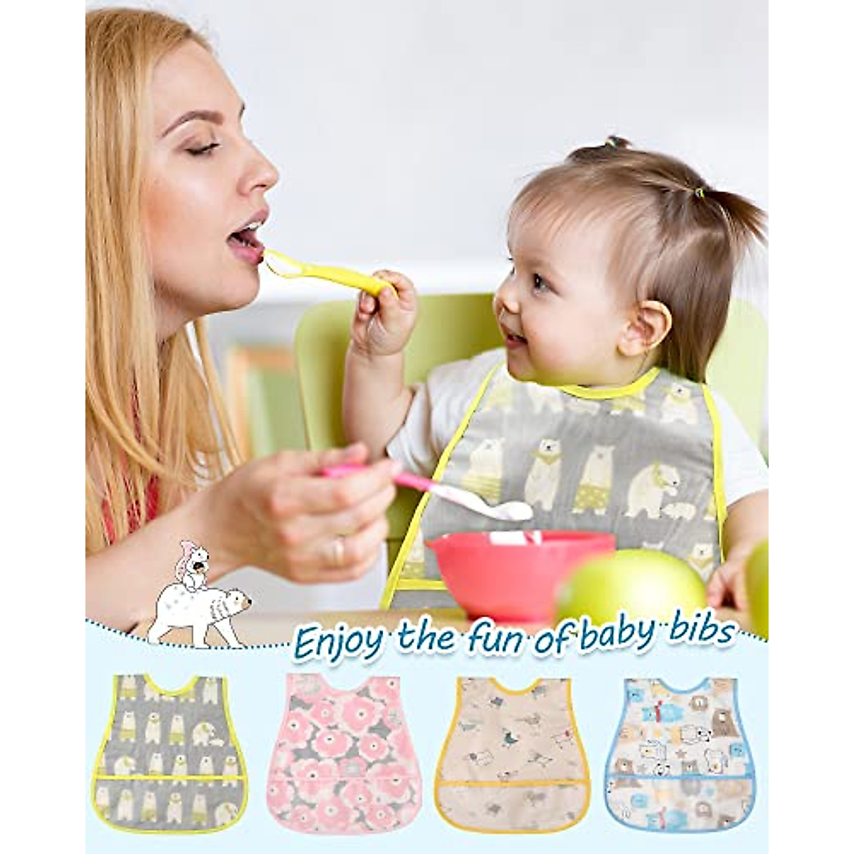 15 Pack Baby Bibs Set Waterproof Toddler Feeding Bibs with Food Scraps Catcher Pocket Soft Adjustable Snaps Feeding Bibs Unisex Infant Bibs Gift for Infants Babies Toddler Boys and Girls 6-24 Months