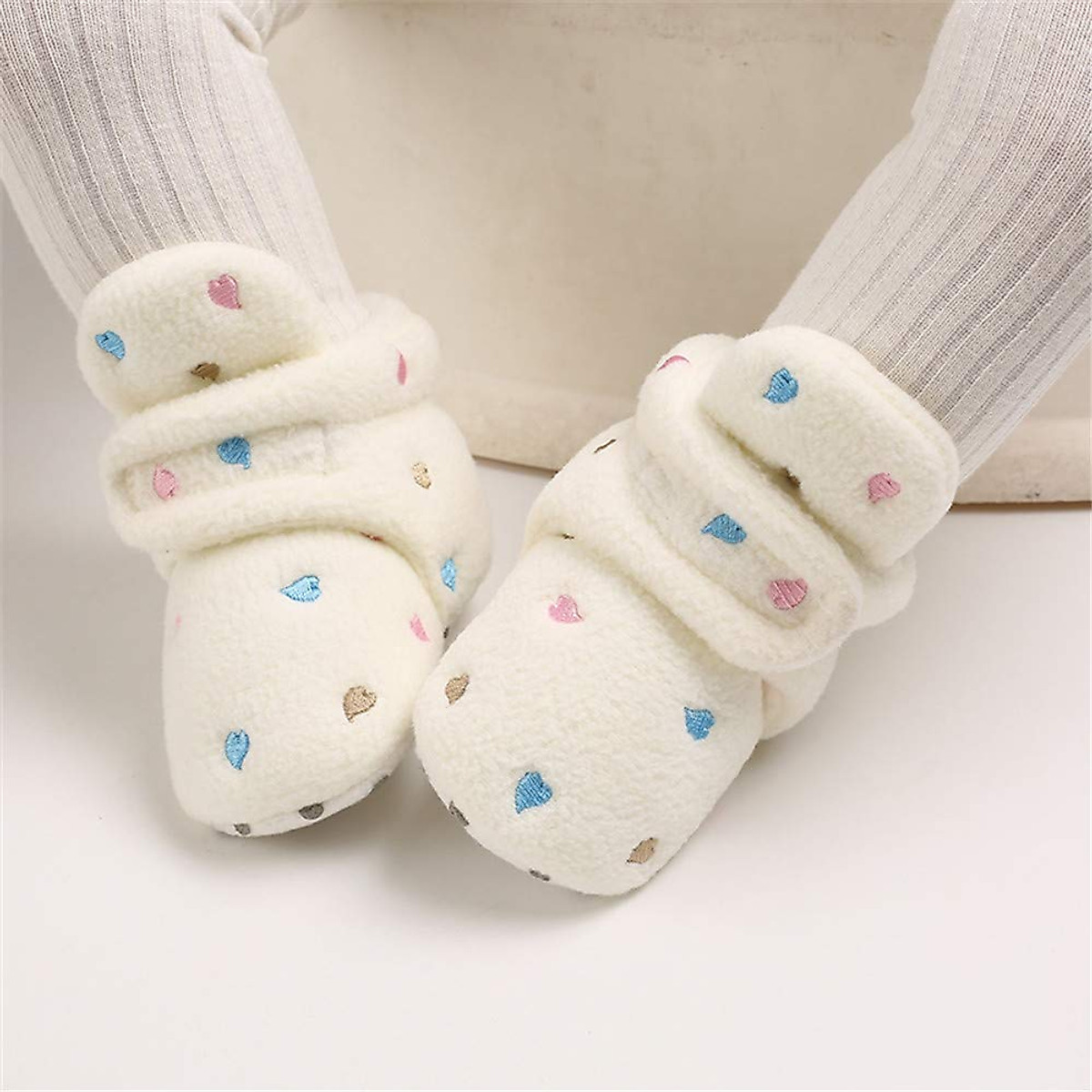 E-FAK Newborn Baby Cozy Fleece Booties with Grippers Winter Slippers Socks Soft Sole Stay On Infant First Walker Crib Shoes(00 Multi-colo&White, 0-6Months)