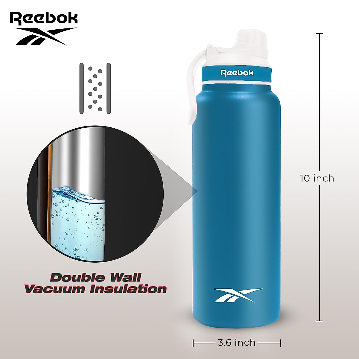Reebok Stainless Steel Water Bottle With Athletic Design - Insulated Water Bottle 32 oz With Chug Lid - Double Wall Vacuum Insulated Sports Water Bottle, BPA Free (Blue)