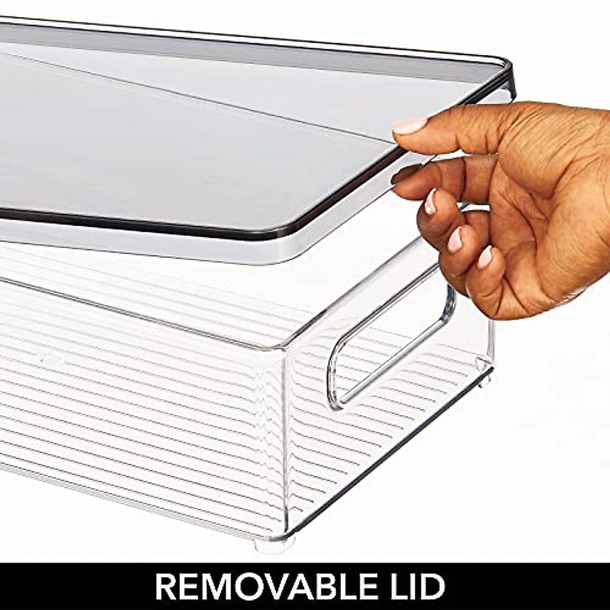 mDesign Small Plastic Stackable Bathroom Cabinet Storage Bin Box with Handles/Lid, Drawer Stacking Organizer for Soap, Lotion, Towels, and Accessories, Ligne Collection, 4 Pack, Clear/Smoke Gray, 15 x 8.5 x 4.2