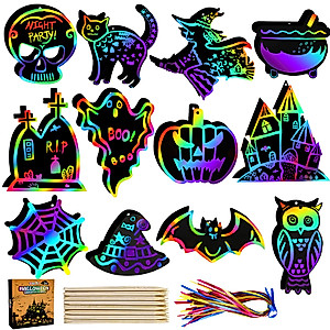Max Fun Halloween Craft Scratch Paper Art for Kids Party Games Ornaments 96PCS Magic Rainbow Scratch Off Cards Paper Hanging Educational Toys Kit Halloween Party Supplies Birthday Gift