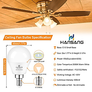 hansang Ceiling Fan Light Bulbs E12 Base 3000K Soft White, Small Base LED Candelabra Bulbs, A15 Chandelier Light Bulbs, 6W 60W Equivalent, 600LM, Non-dimmable, 6 Pack