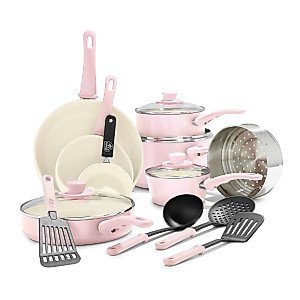GreenLife Soft Grip Healthy Ceramic Nonstick, 16 Piece Cookware Pots and Pans Set, PFAS-Free, Dishwasher Safe, Soft Pink