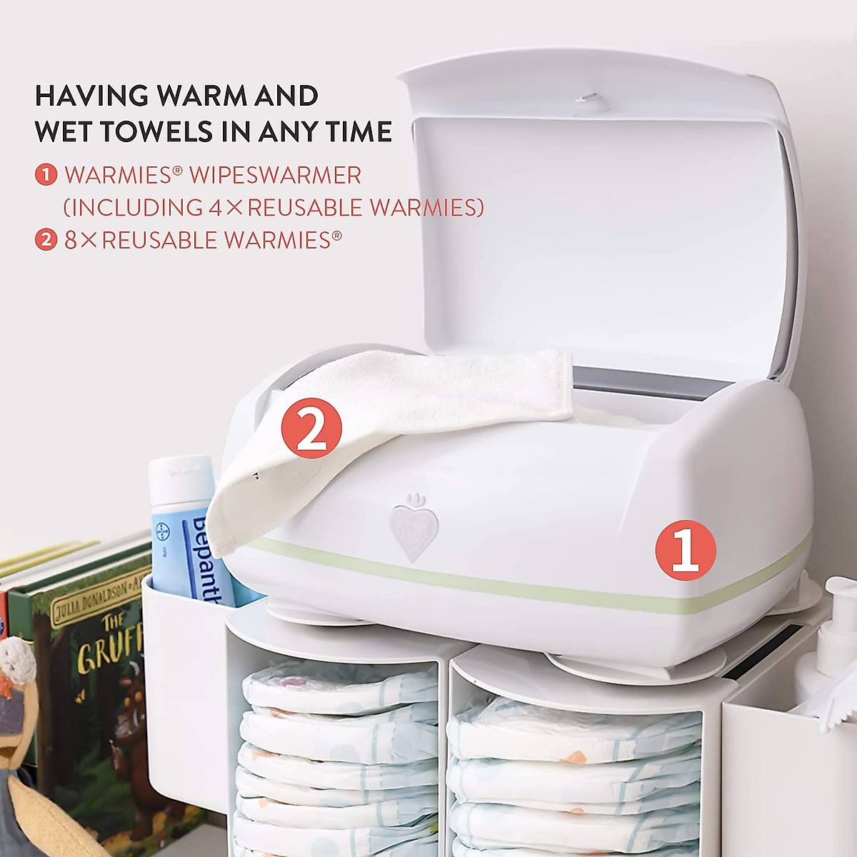 Prince Lionheart Warmies Wipes Warmer Designed for Reusable Cloth Wipes | Soft Glow Nighlight | Includes 1 everFRESH Pillow and 12 Warmies Cloth Wipes