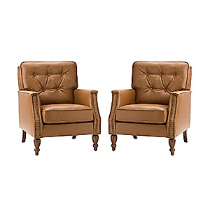 HULALA HOME Faux Leather Accent Chair Set of 2 with Nailhead Trim, Button Tufted Comfy Upholstered Armchair with Removable Cushion, Traditional Single Sofa Chair for Living Room Bedroom Office, Camel