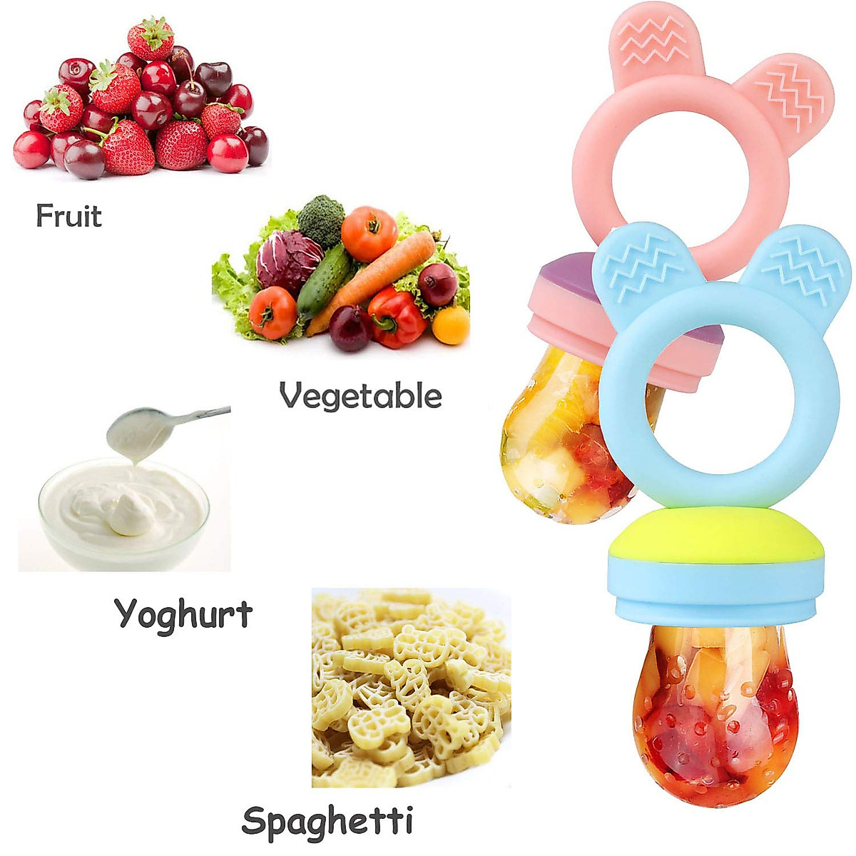 Baby Fruit Food Feeder PacifierTeether Toys Set - Silicone Fresh Food Feeder Teether with 2 mesh Silicone Bags and Teething Toys All in One Infant Teether Toys