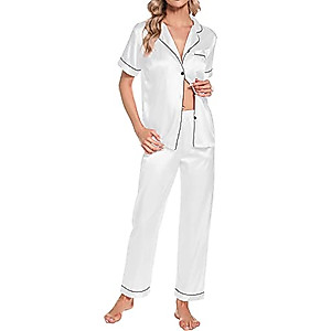 SWOMOG Satin Pajama Set Women Silk Pjs Set Short Sleeve 4 Piece Button Down Sleepwear Lounge Sets White