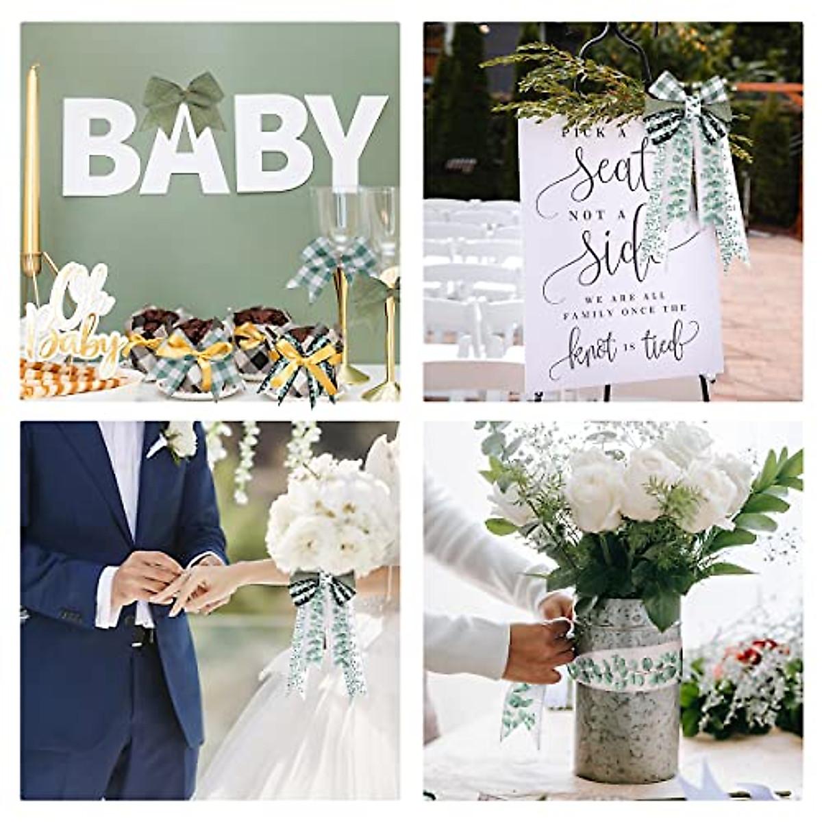 30 Yards Eucalyptus Wired Ribbon Sage Green Leaves Burlap Ribbons Greenery Decorative Ribbon Checkered Stripe Ribbon for Wedding Party Bridal Bouquets Spring Bow Wreath Making DIY Crafts