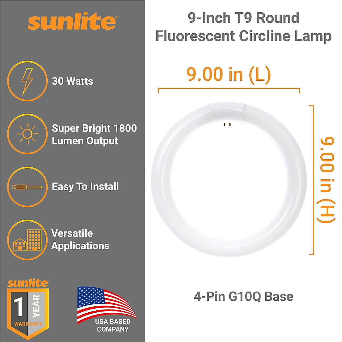 Sunlite FCL30/50K T9 Round Fluorescent Circline Lamp, 30 Watts, 1800 Lumens, 5000K Daylight, 10000 Rated Hours, RoHS Compliant, G10Q 4-Pin Base, 1 Pack